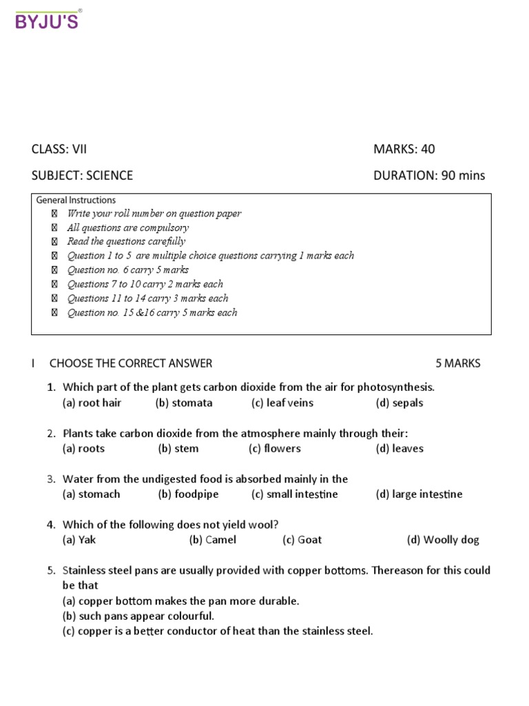 Class: Vii MARKS: 40 Subject: Science DURATION: 90 Mins: I Choose The Correct Answer 5 Marks ...