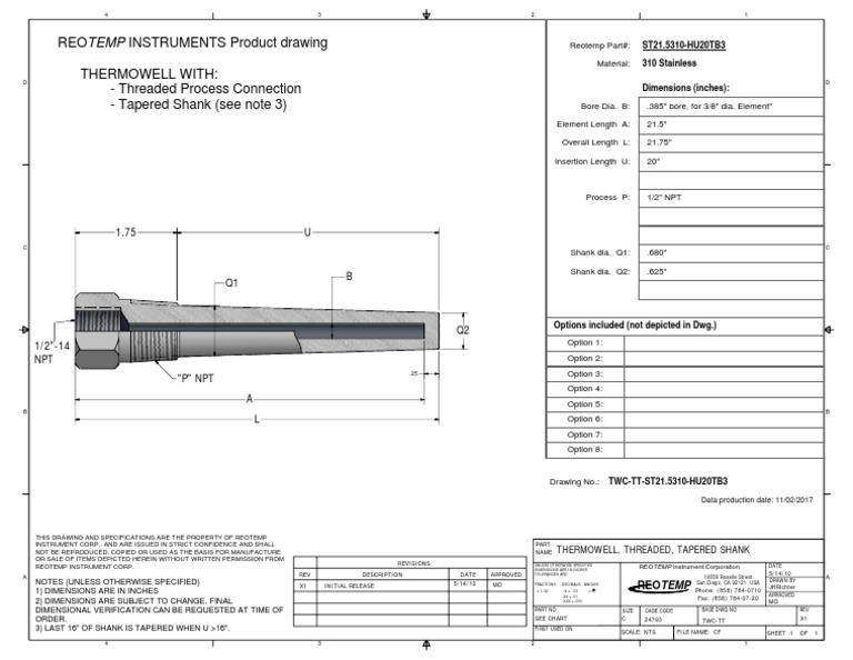 REOTEMP INSTRUMENTS Product Drawing Thermowell With: - Threaded Process ...