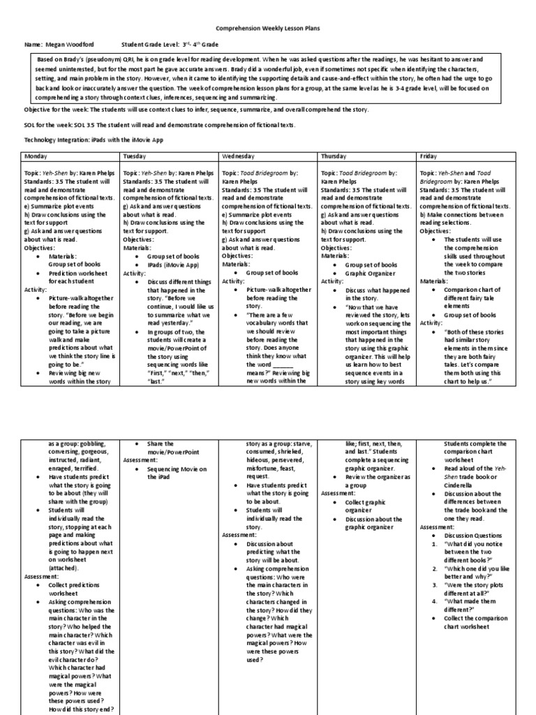 Weekly Comprehension Plans for Grades 3-4 | PDF | Reading Comprehension ...