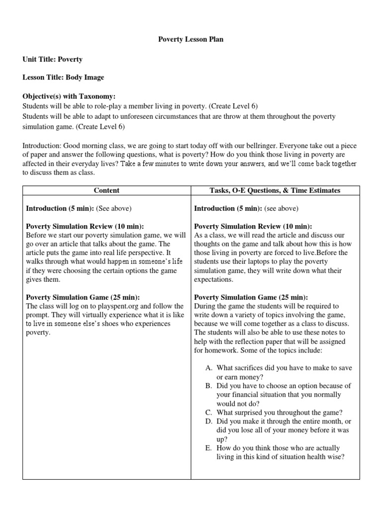 Poverty Lesson Plan | PDF | Special Education | Poverty