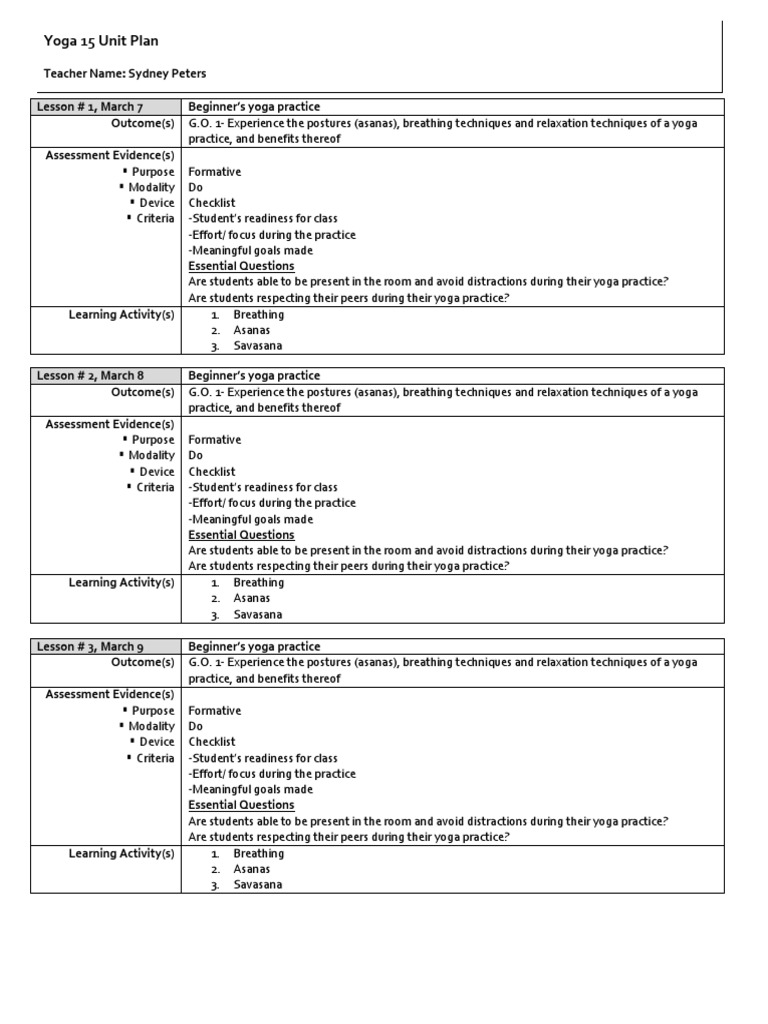 Beginner Yoga Lesson Plan | PDF | Asana | Yoga