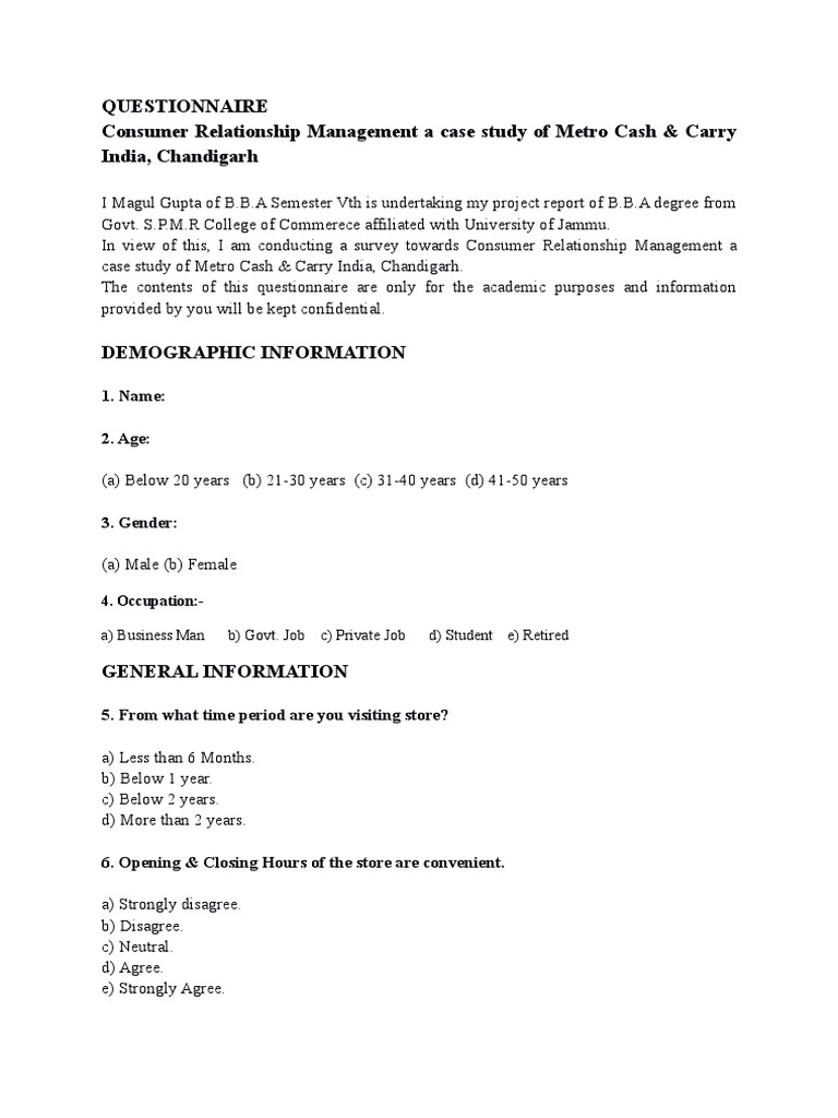 CRM Questionnaire for Metro Cash & Carry | PDF | Customer Relationship ...