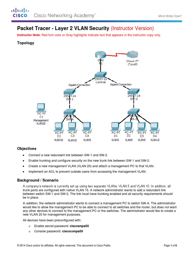 6.5.1.3 Packet Tracer - Layer 2 VLAN Security - Instructor | PDF | Router (Computing) | Computer ...