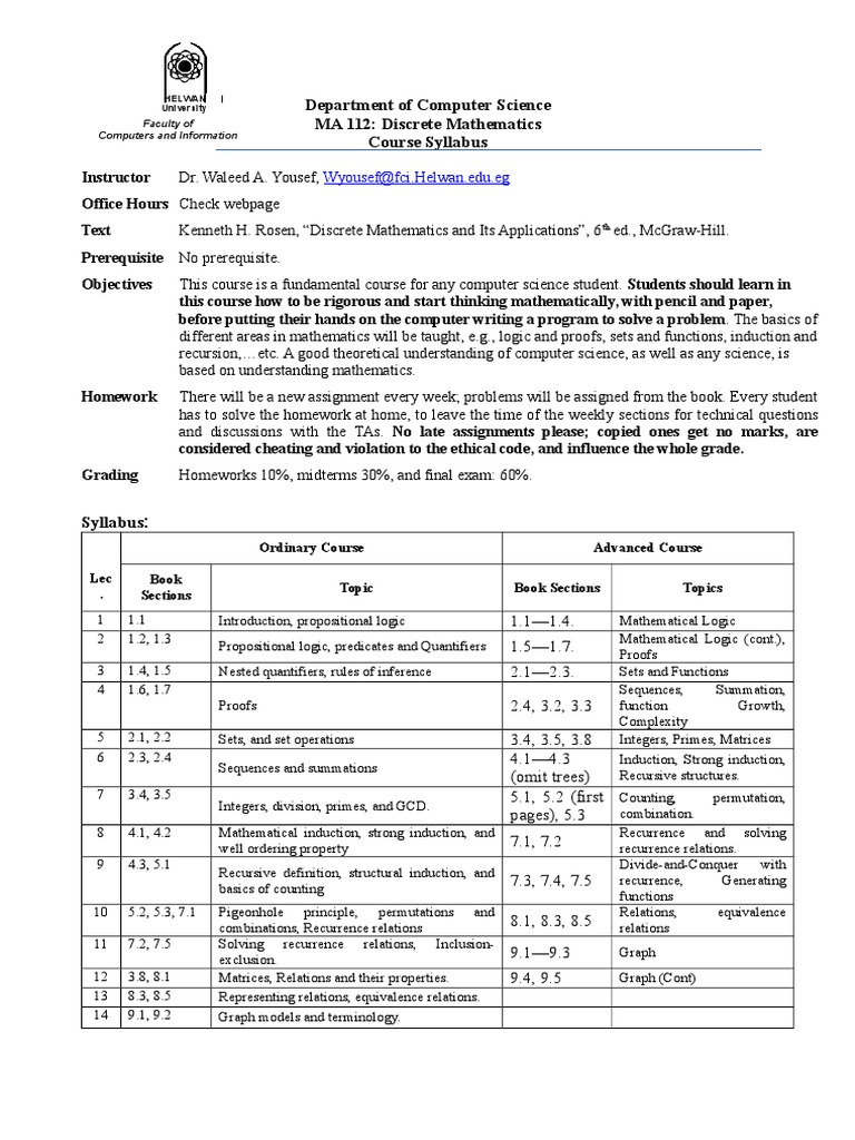 Department of Computer Science MA 112: Discrete Mathematics Course ...