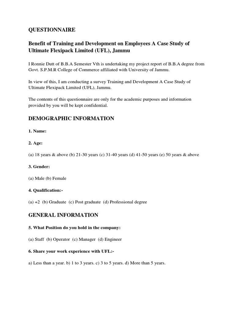 Questionnaire On Benefits of Training and Development | PDF | Cognition ...
