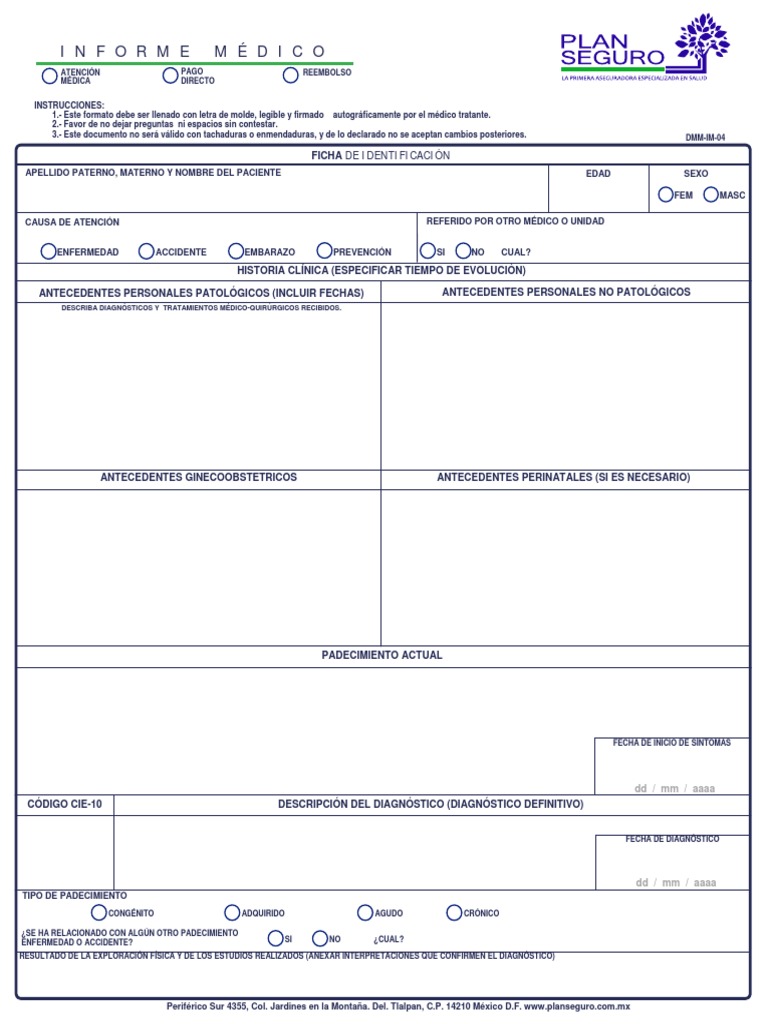Informe Medico Plan Seguro | Diagnostico medico | Medicina | Prueba ...