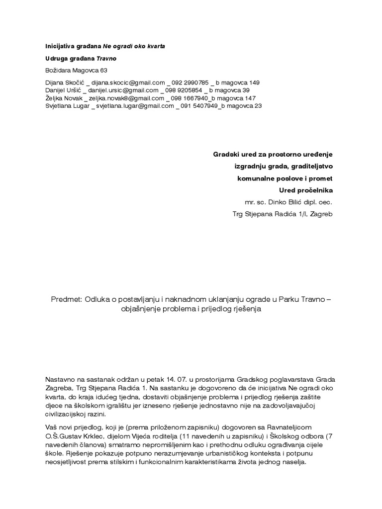 Inicijativa Građana Ne Ogradi Oko Kvarta | PDF