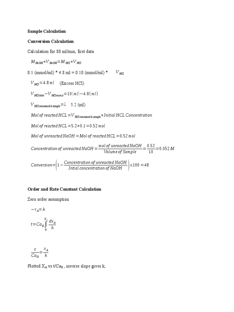 Calculation For 80 Ml/min, First Data: Sample Calculation Conversion ...