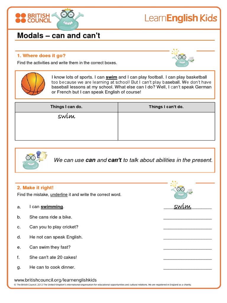 Grammar Games Modals Can and Cant Worksheet | PDF