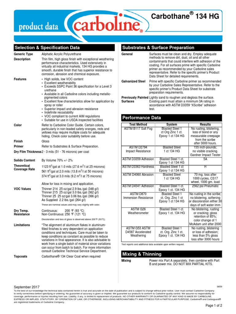 Carbothane 134 HG PDS | Paint | Chemistry