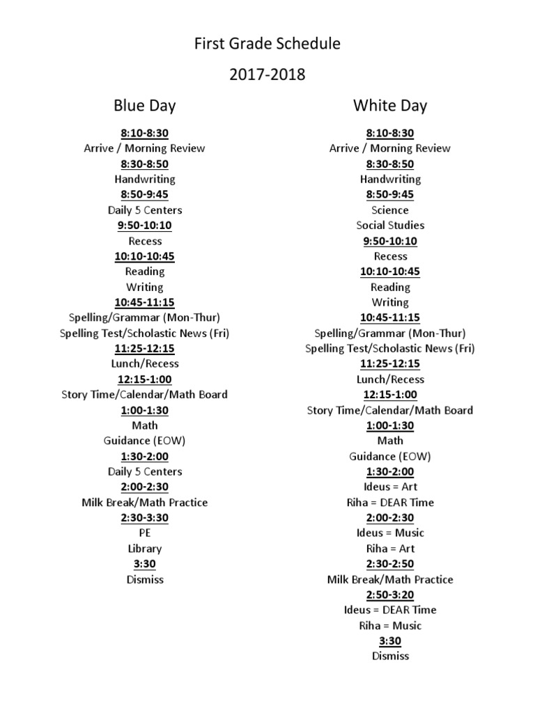 First Grade Daily Schedule 2017-2018 | PDF
