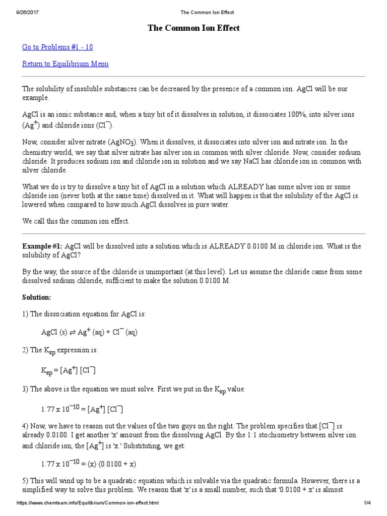 The Common Ion Effect Math Problem | PDF | Solubility | Chloride