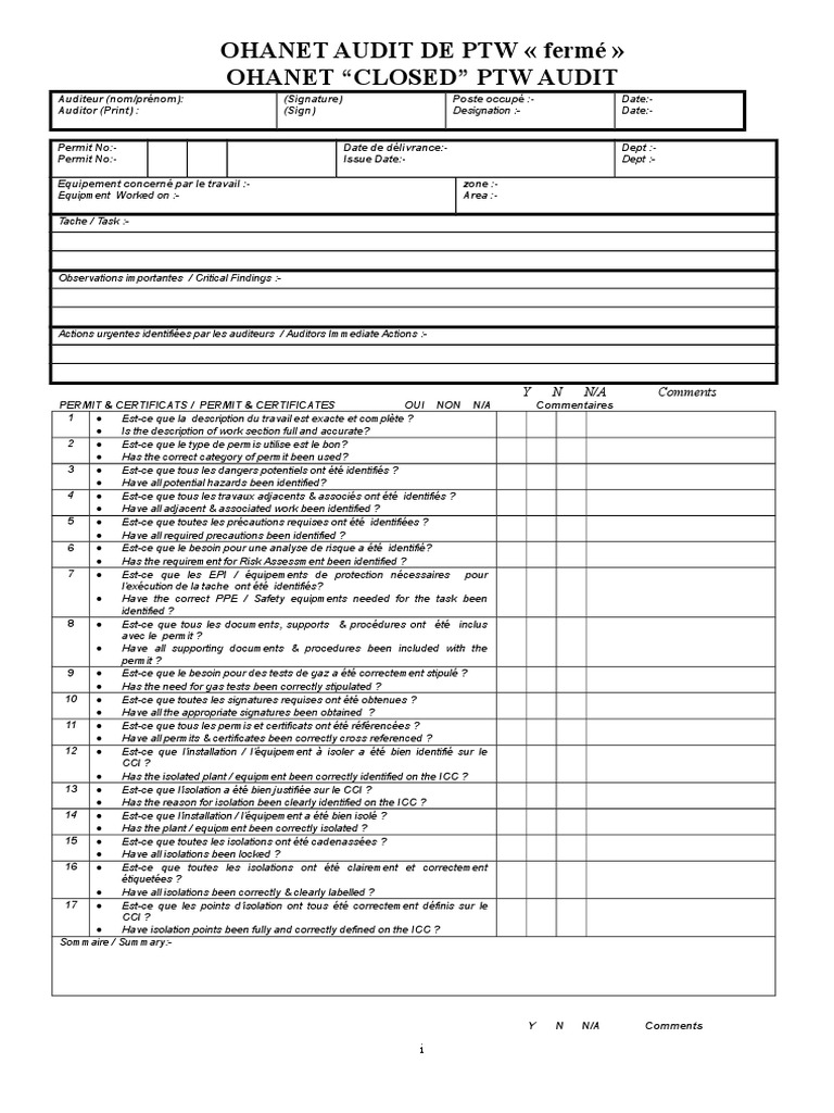 Audit Form Closed Permit | Affaires | Bien-être