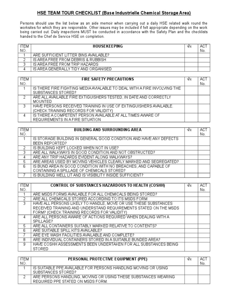 HSE Chemical Store Checklist | PDF | Personal Protective Equipment ...