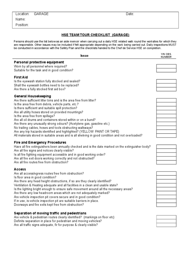 Hse T T Checklist Garage | PDF | Safety | Prevention