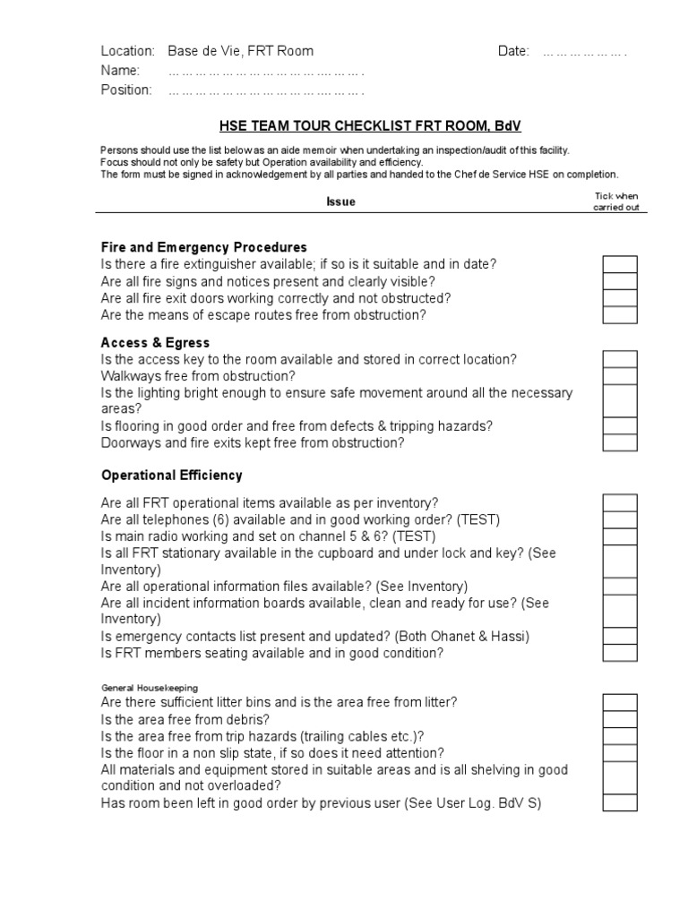 Hse Team Tour Checklist FRT Rooms | PDF | Safety | Business