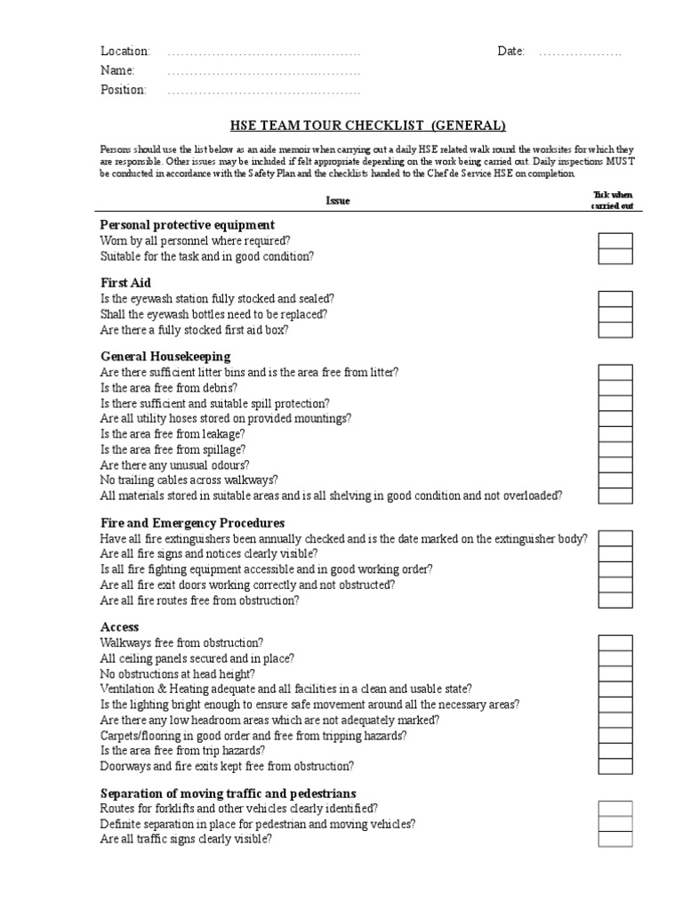 Hse Team Tour Checklist General | PDF | Safety | Prevention