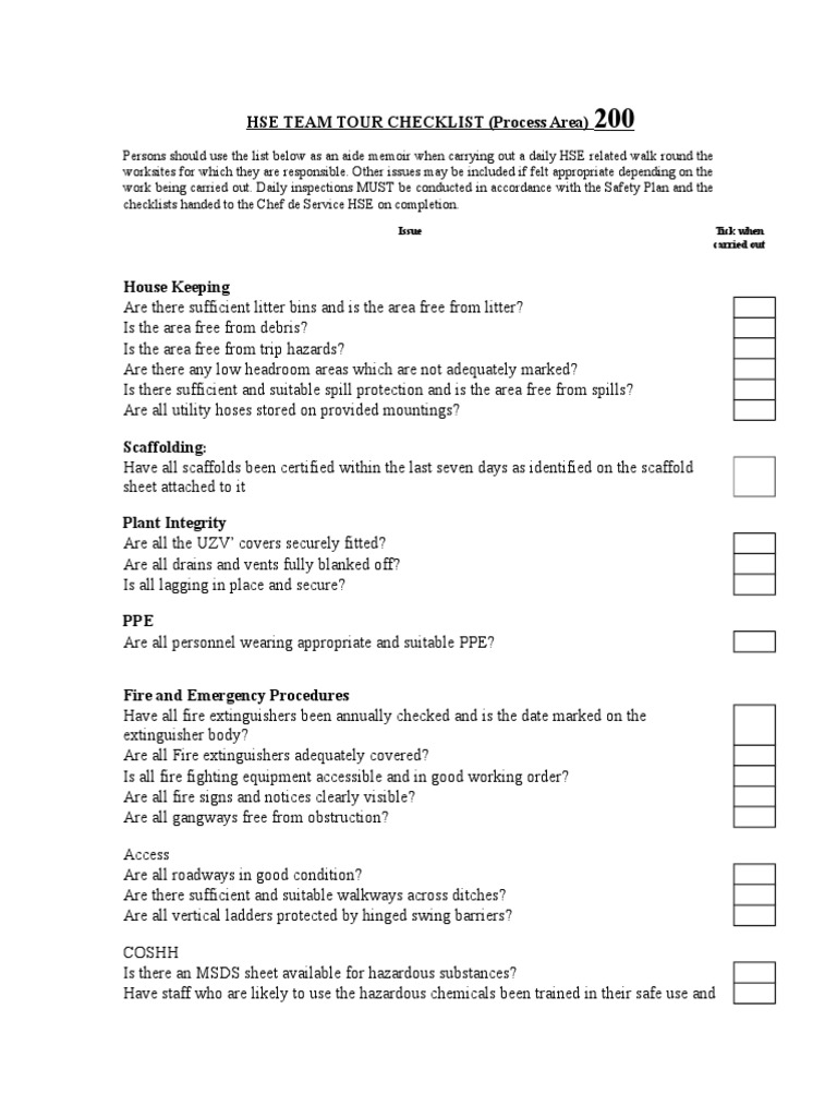 HSE Team Safety Tour Checklist | PDF | Personal Protective Equipment ...