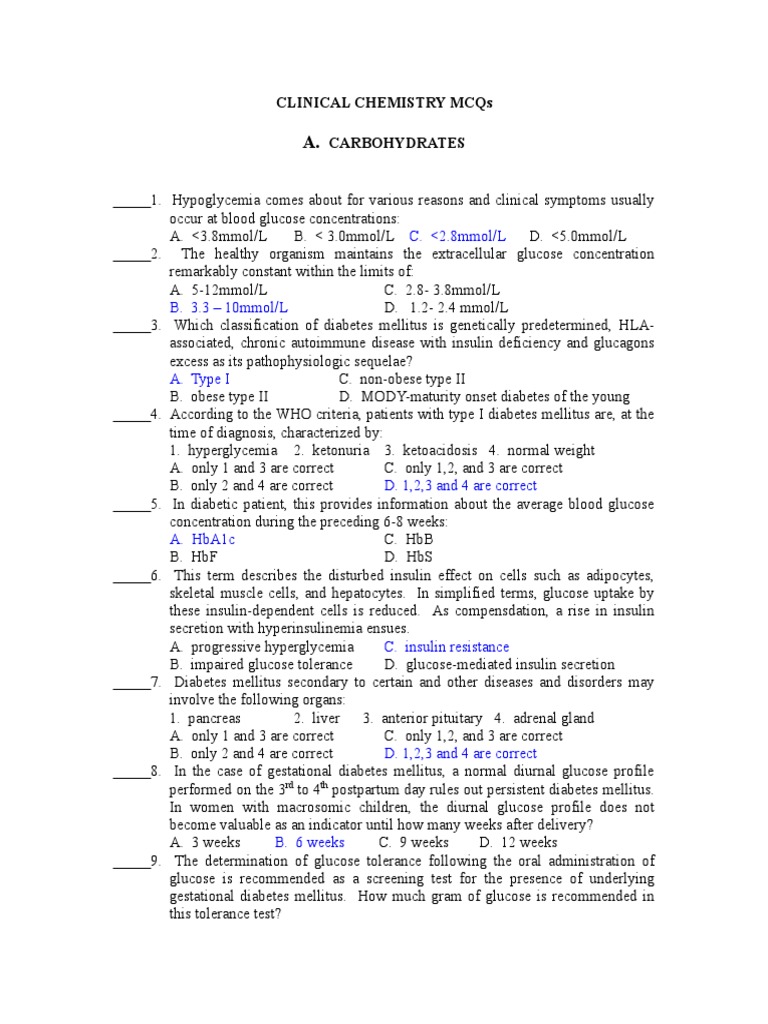 Clinical Chemistry MCQs on Carbohydrates | PDF | Renal Function ...