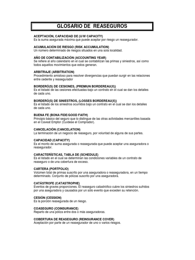 Glosario de Reaseguro PDF | PDF | Reaseguro | Póliza de seguros