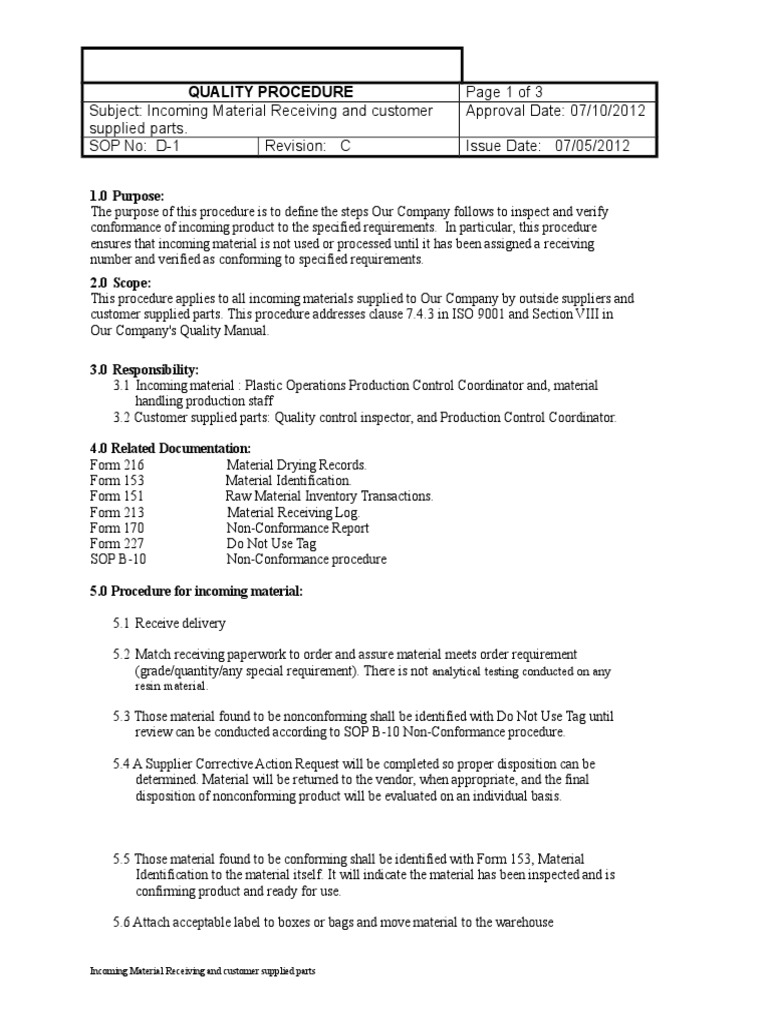 D-1 Incoming Material Receiving | Iso 9000 | Business