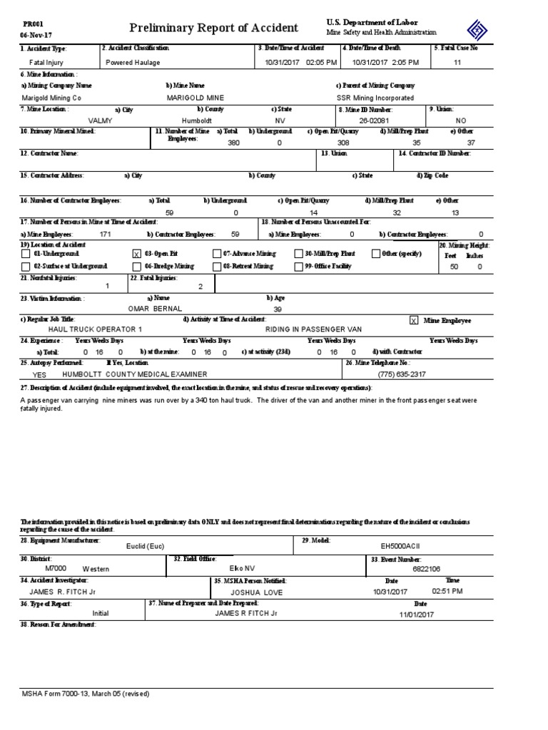 Preliminary Report of Accident at Marigold Mine - Oct. 31, 2017 ...
