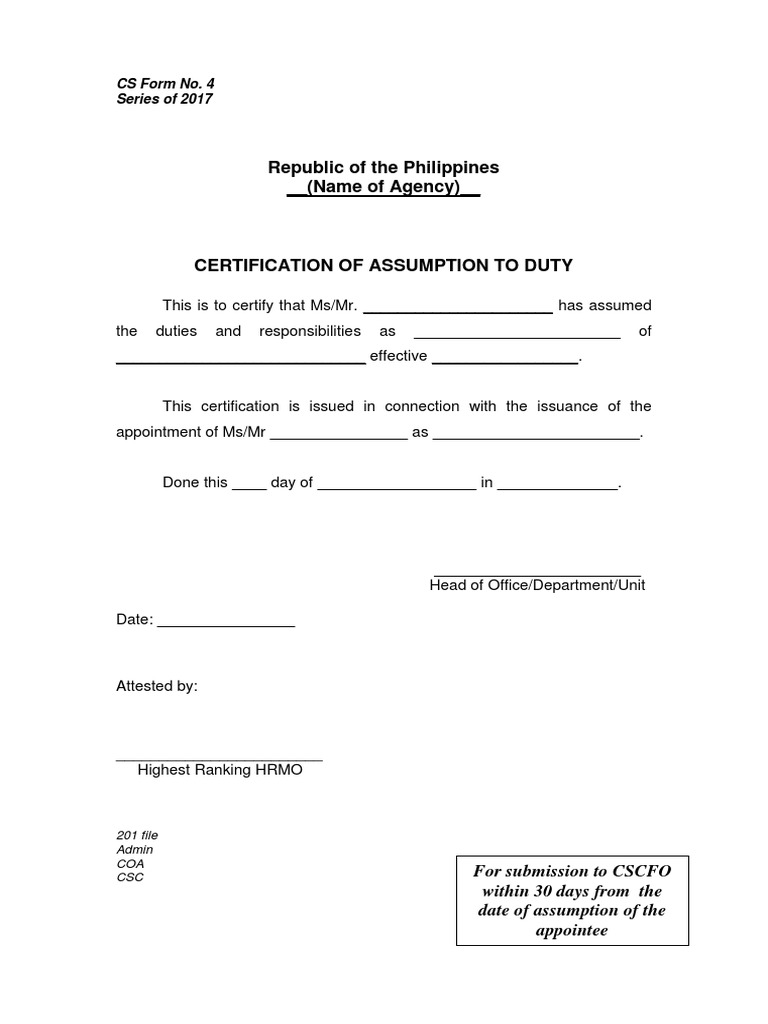 CS Form No. 4 Certification of Assumption To Duty | PDF | Career ...
