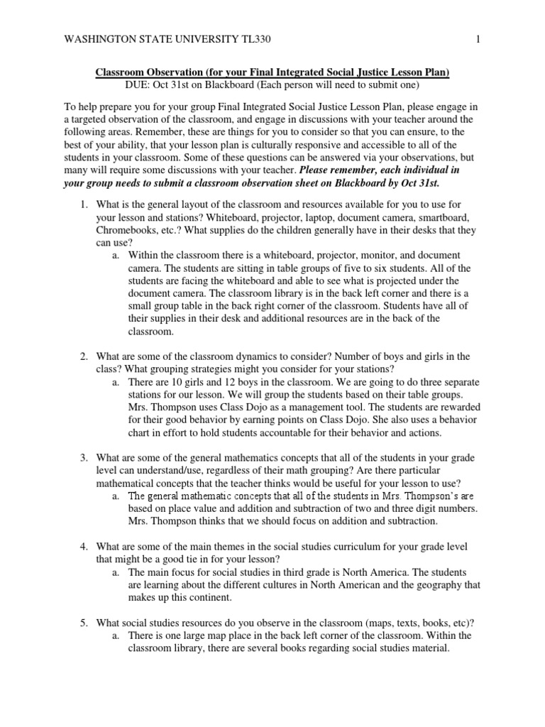 Classroom Observation (For Your Final Integrated Social Justice Lesson ...