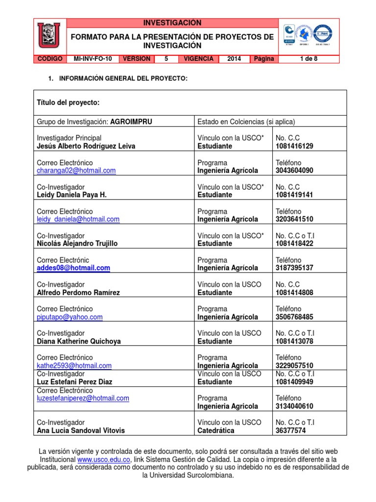 Formato para La Presentacion de Proyectos de Investigacion | PDF | Teoría | Sistema de manejo de ...