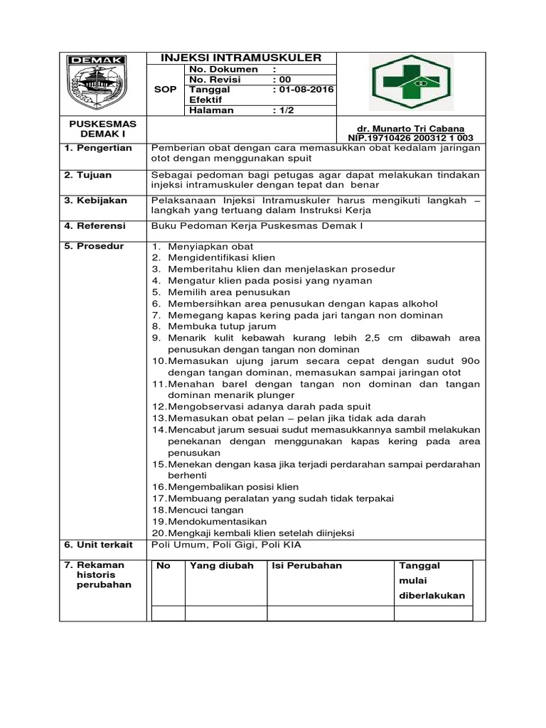 SOP Injeksi Intramuskuler Puskesmas | PDF