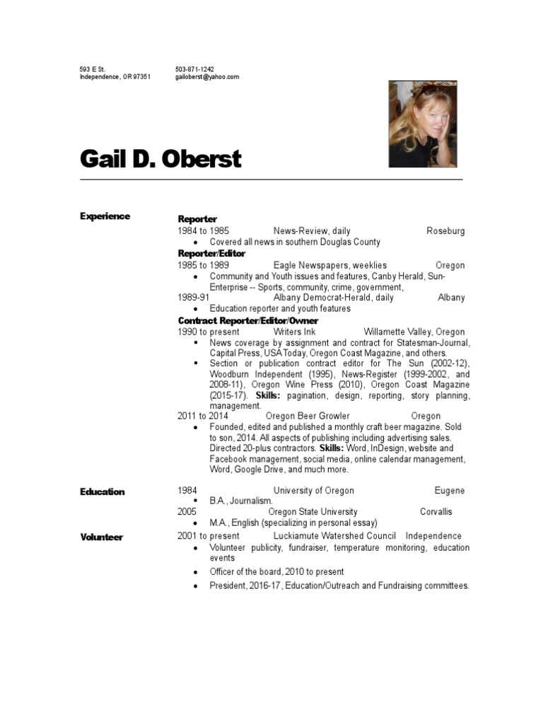 Gail Oberst Resume 2017 | PDF | Oregon | Magazines