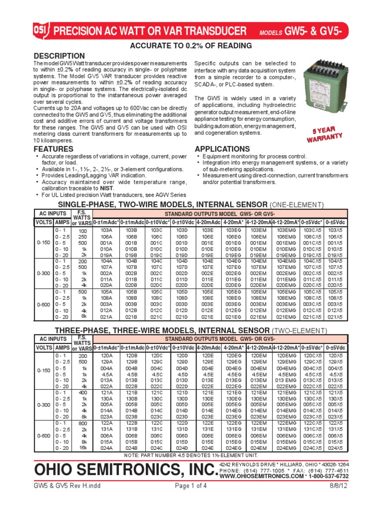 OSI GW5 GV5 Precision AC Watt or VAR Transducer | PDF | Accuracy And ...