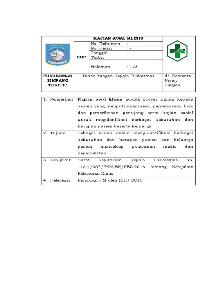 Sop Kajian Awal Klinis | PDF | Pengembangan Diri | Kesehatan Holistik