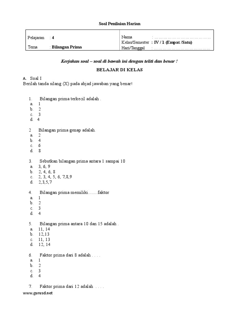 Soal Kelas 4 MTK Pelajaran Bil. Prima | PDF