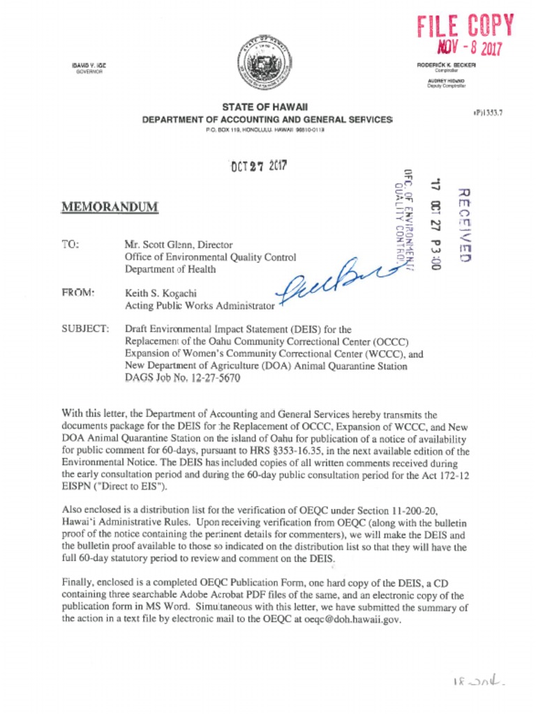 Draft Environmental Impact Statement For OCCC Replacement | PDF
