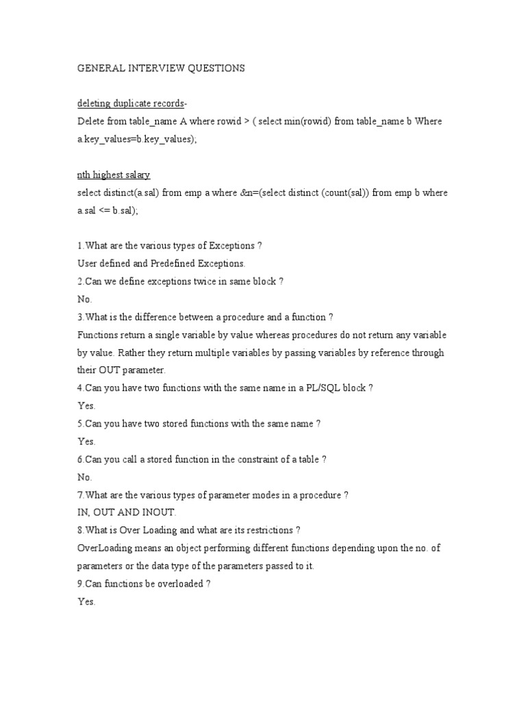 General Interview Questions Oracle Database Database Index