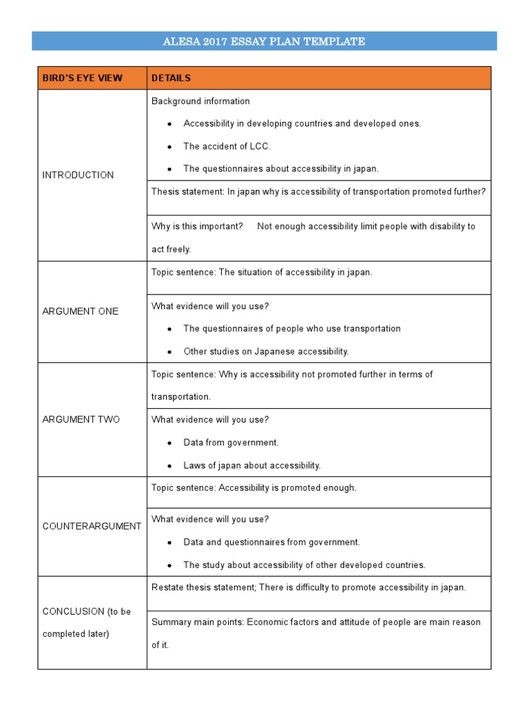 Alesa 2017 Essay Plan Template: Bird'S Eye View Details | PDF