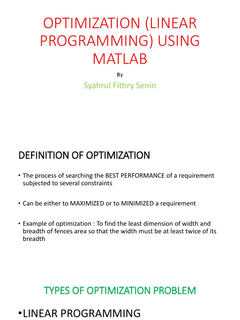 Optimization (Linear Programming) Using Matlab | PDF | Mathematical Optimization | Systems Analysis