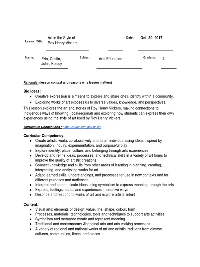 Roy Henry Vickers Art Lesson Plan | PDF | Curriculum | Creativity
