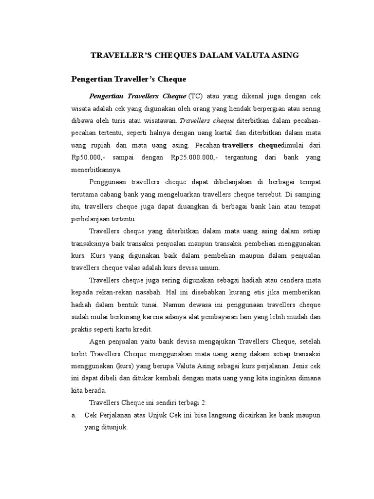 Pengertian dan Fungsi Traveller Cheque | PDF
