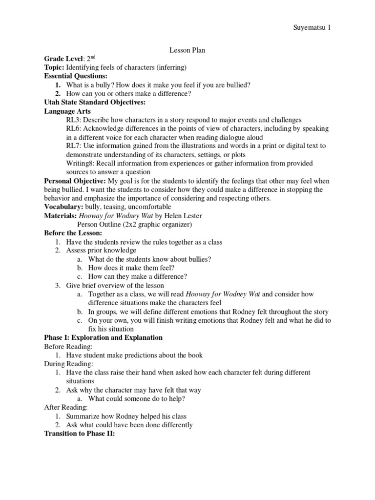 Lesson Plan 1 Hooway For Wodney Wat | PDF | Lesson Plan | Vocabulary