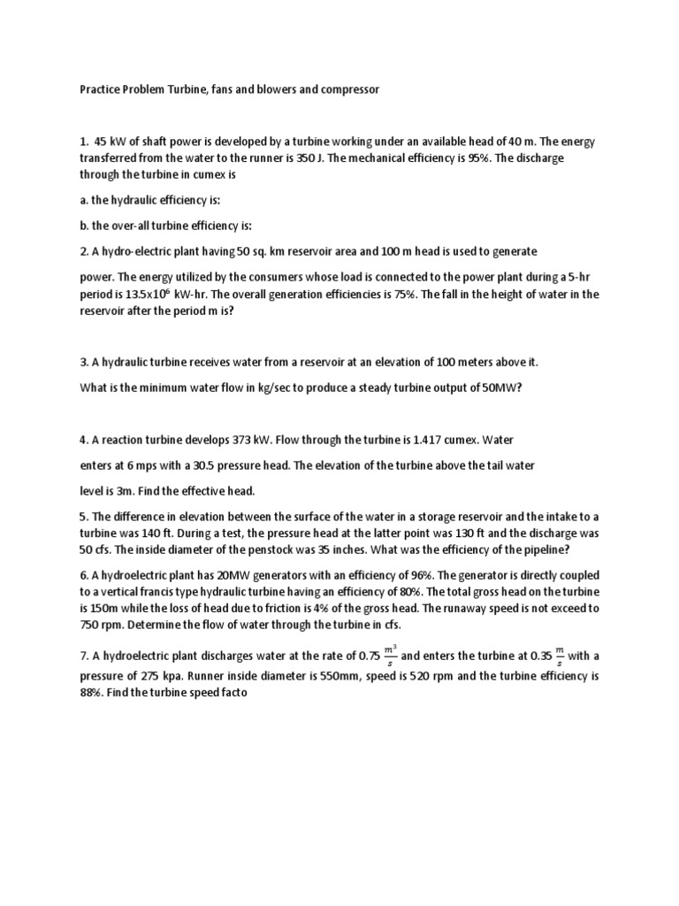 Practice Problem Turbine Fans and Blower and Compressor | Download Free PDF | Turbine | Horsepower