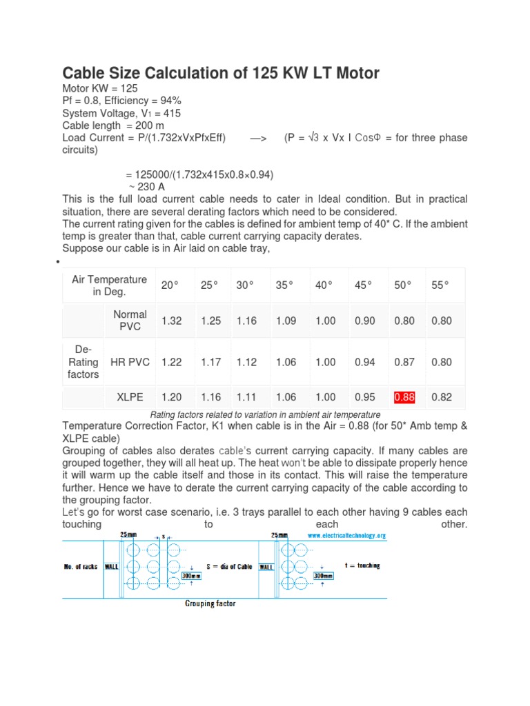Cable Size Calculation of 125 KW LT Motor | PDF | Voltage | Electrical ...