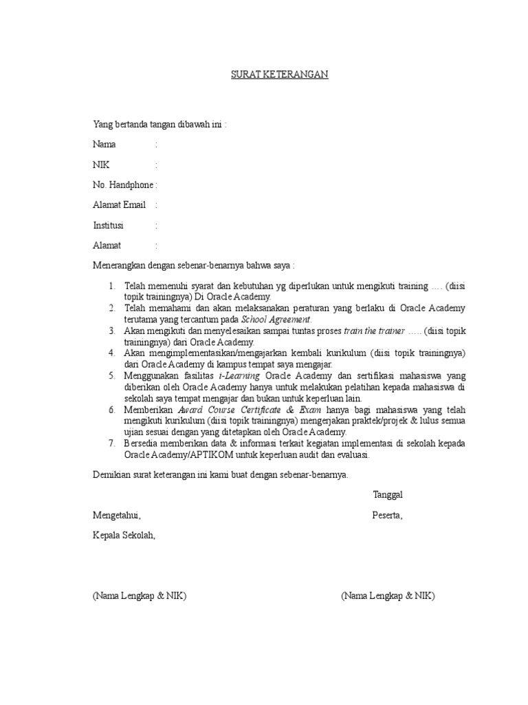 Surat Pernyataan Peserta Training Surat Pernyataan Peserta Training