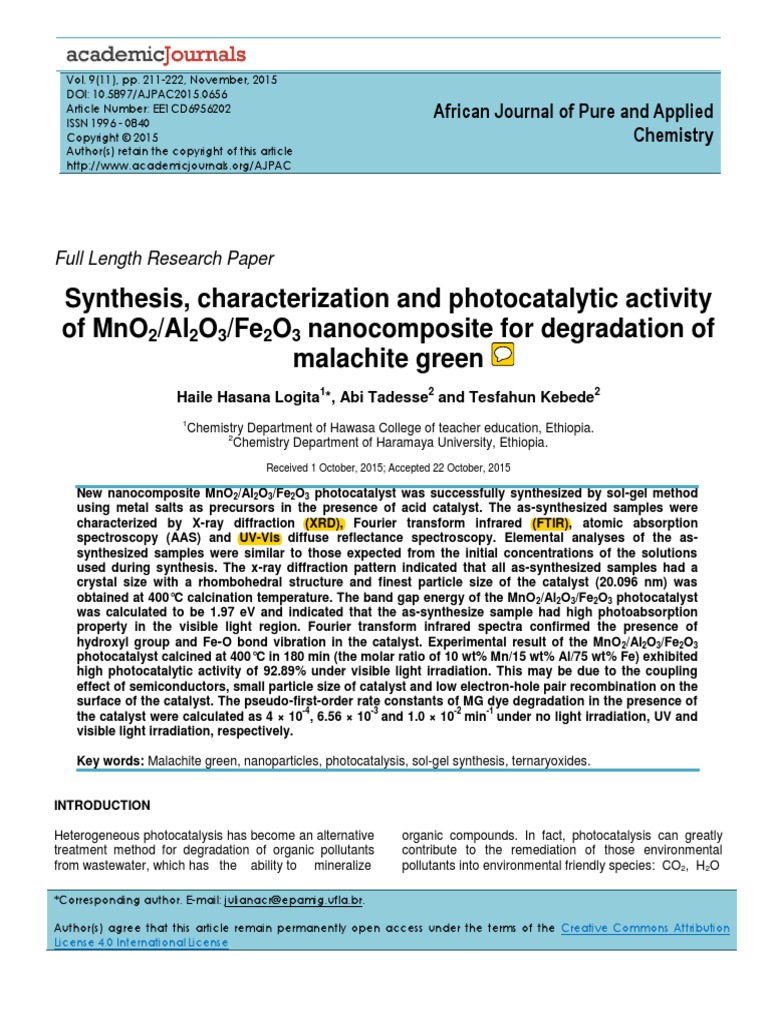 Synthesis, Characterization and Photocatalytic Activity of MnO2 Al2O3 ...
