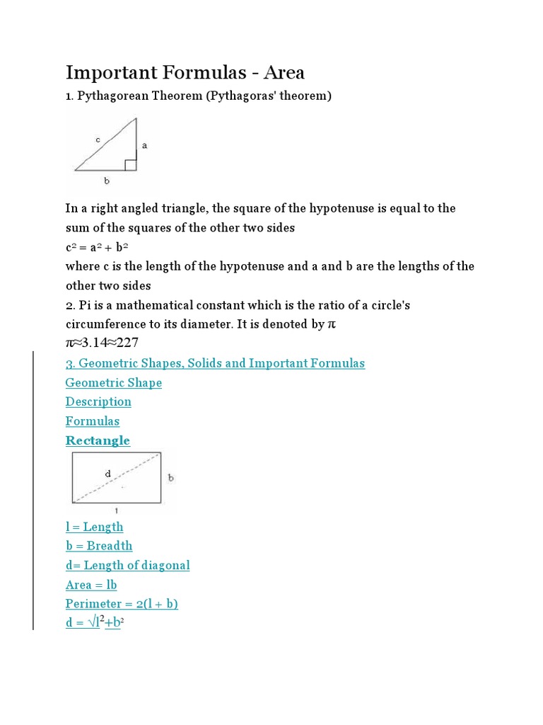 Important Formulas - Area: 3. Geometric Shapes, Solids and Important ...