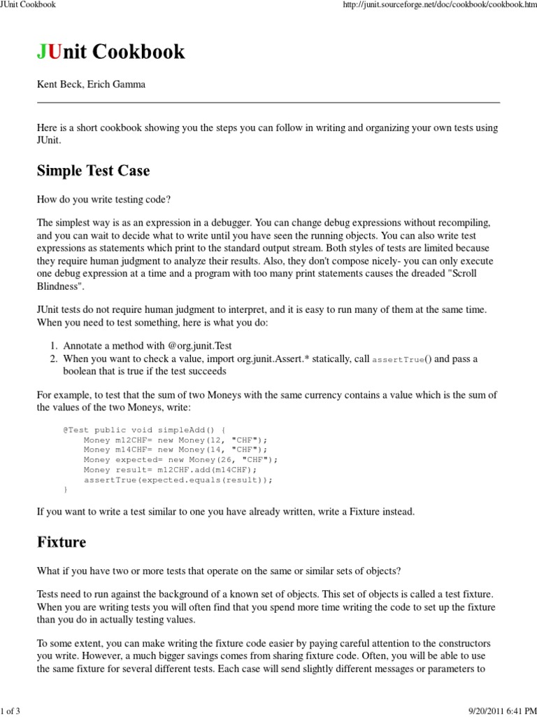 Junit Cookbook By Kent Beck Erich Gamma Pdf Method Computer Programming Java