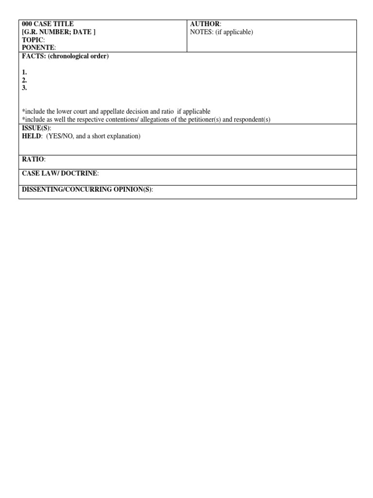 NOTES: (If Applicable) : 000 Case Title (G.R. Number Date) Topic ...