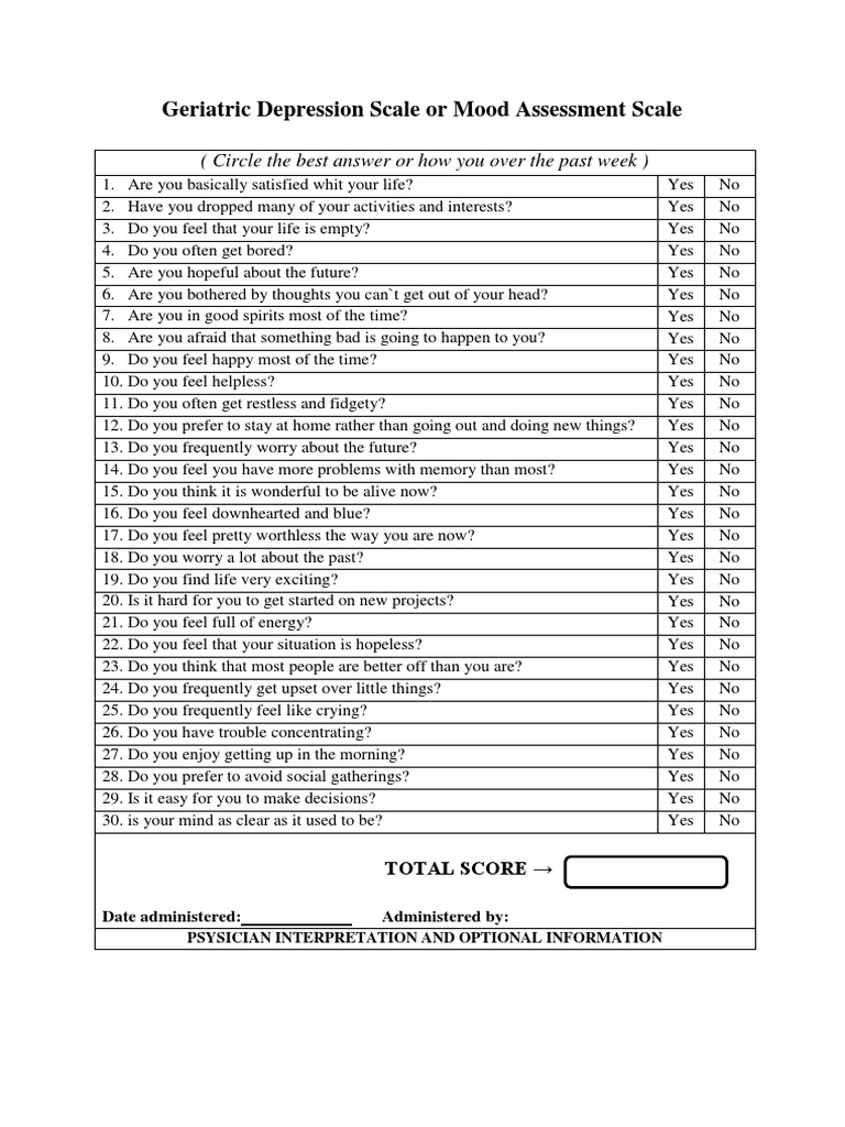 Geriatric Depression Scale or Mood Assessment Scale: (Circle The Best ...