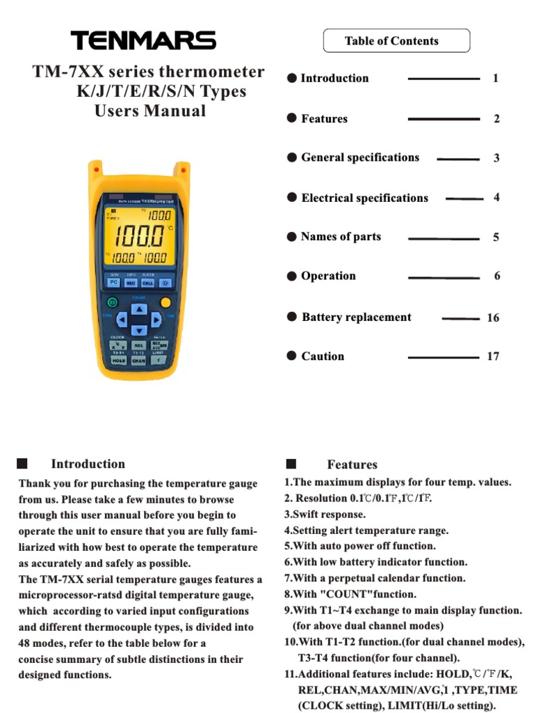 Table of Contents and User Manual for the TM-7XX Series Thermometer ...